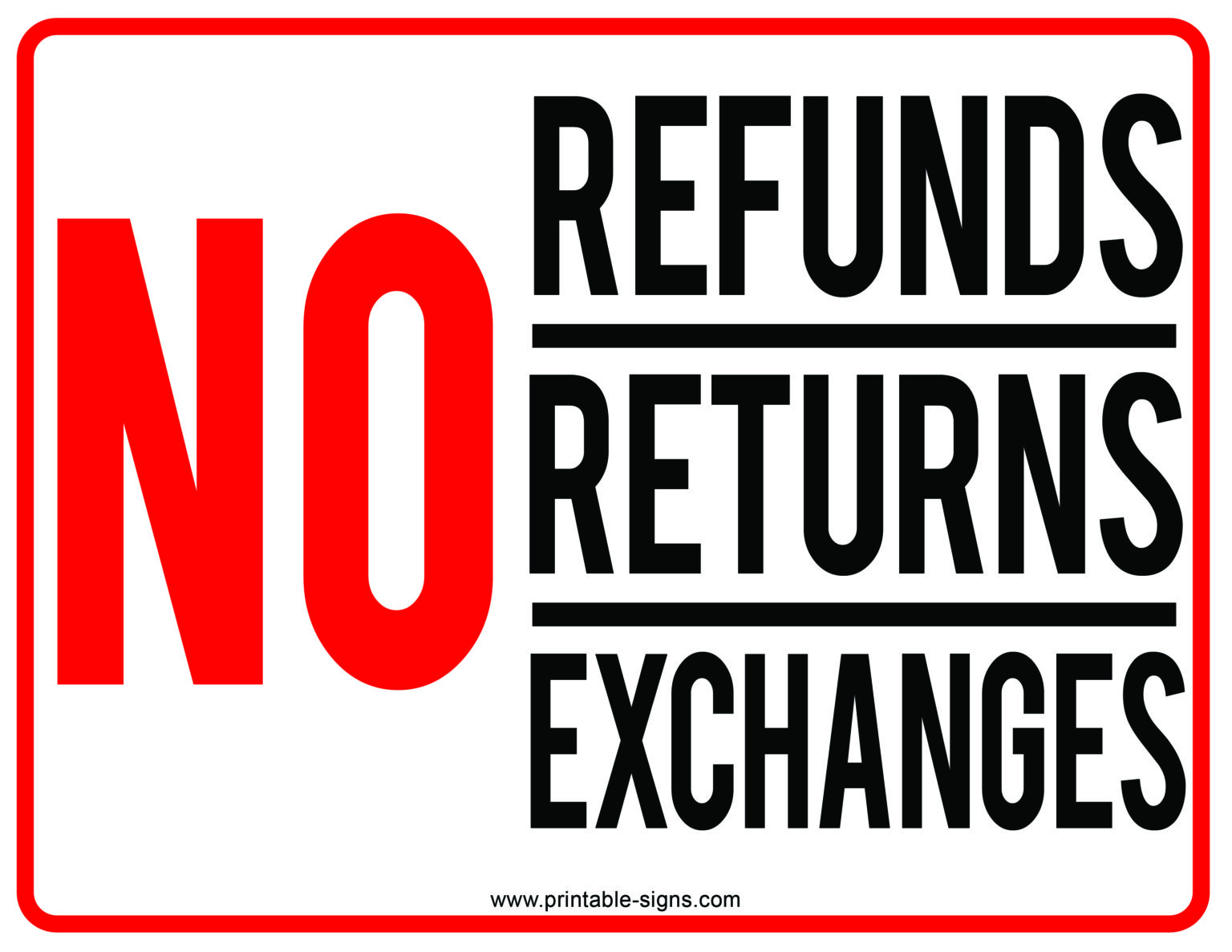 No Refund No Exchange Sign - Printable Signs
